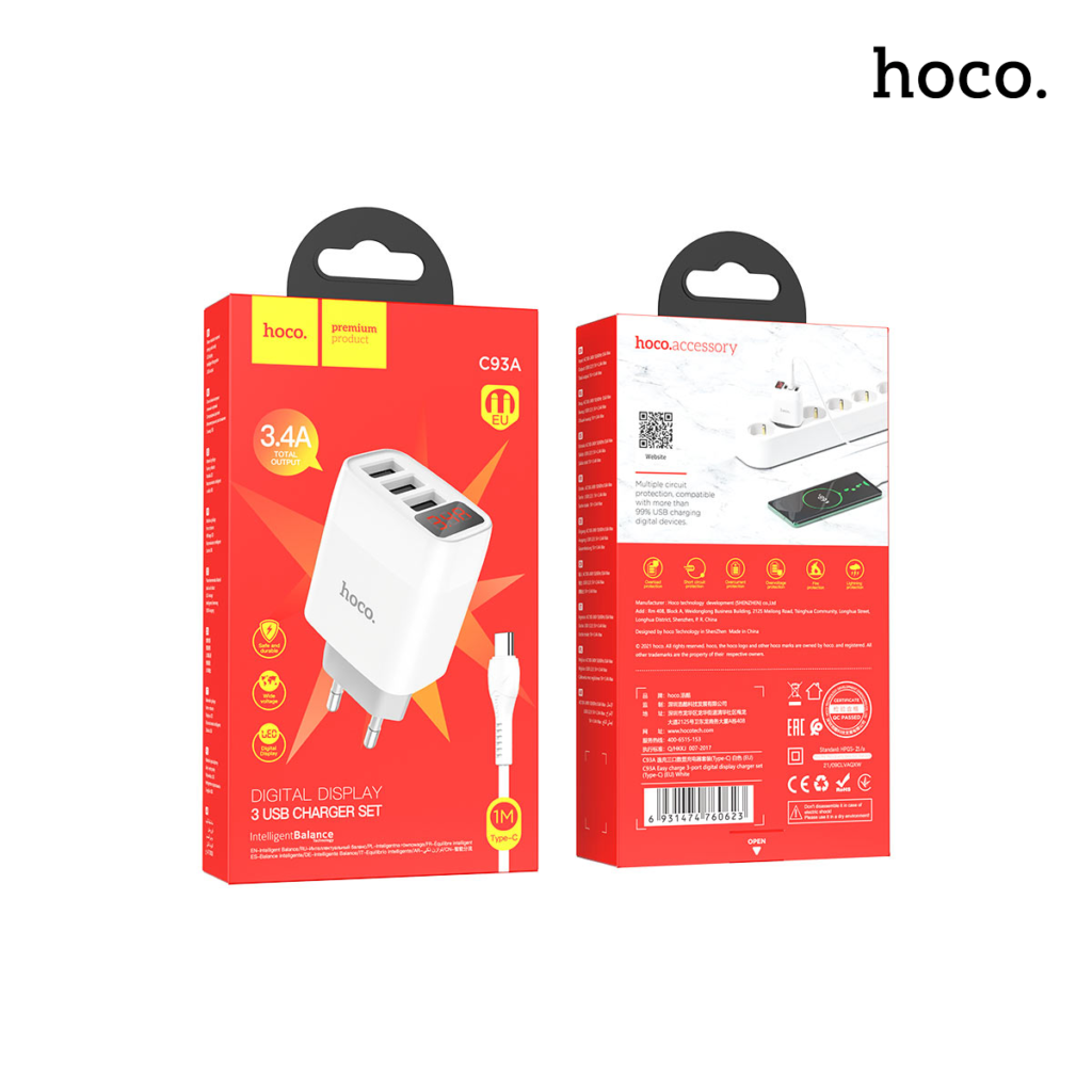 HOCO Easy Charge 3-Port Digital Display Charger Set Type-C - C93A | Digistore